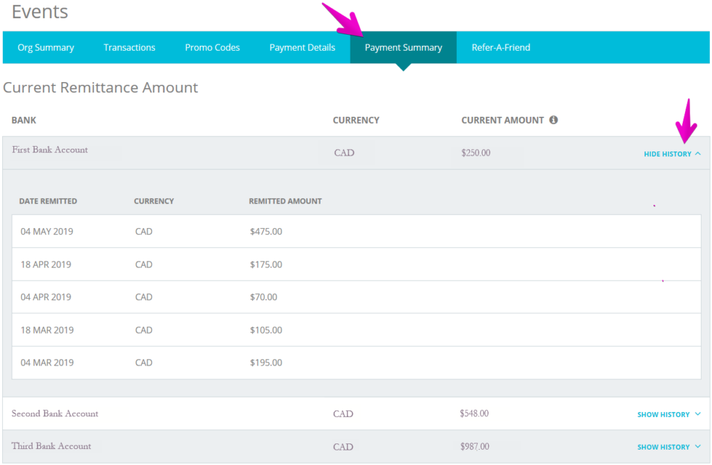 How do I see past remittance amounts for each bank account? - Events.com